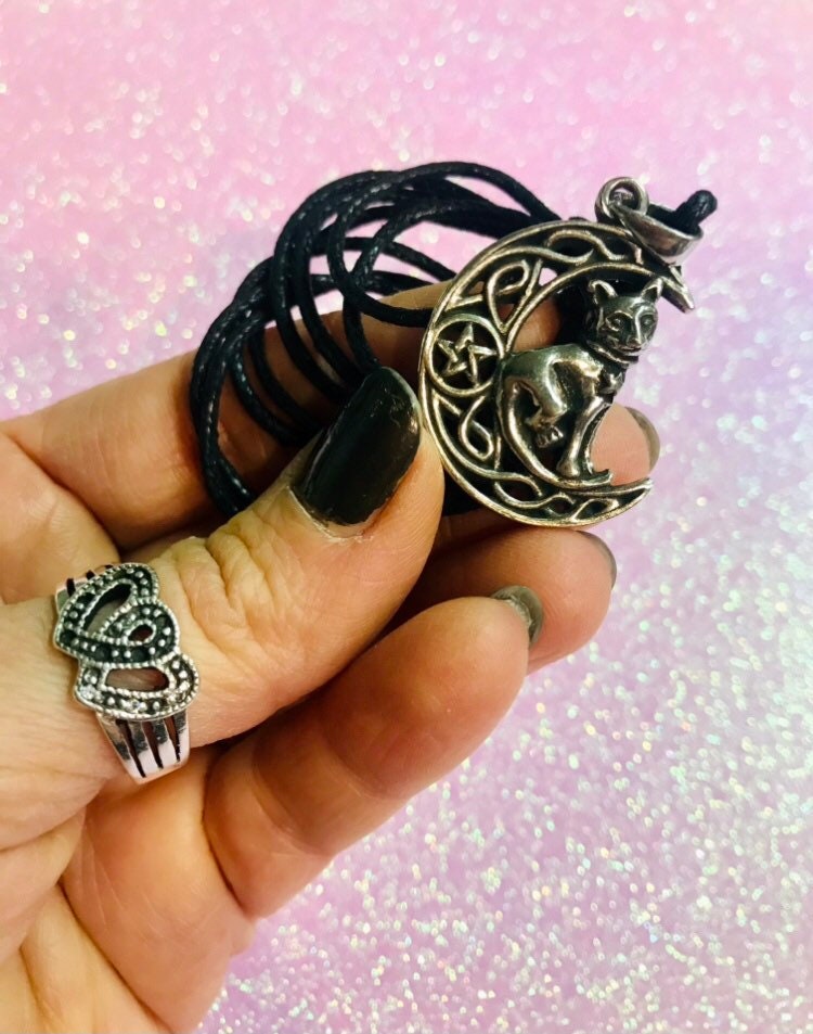 Cat on Crescent Moon Amulet Witches Familiar | Etsy
