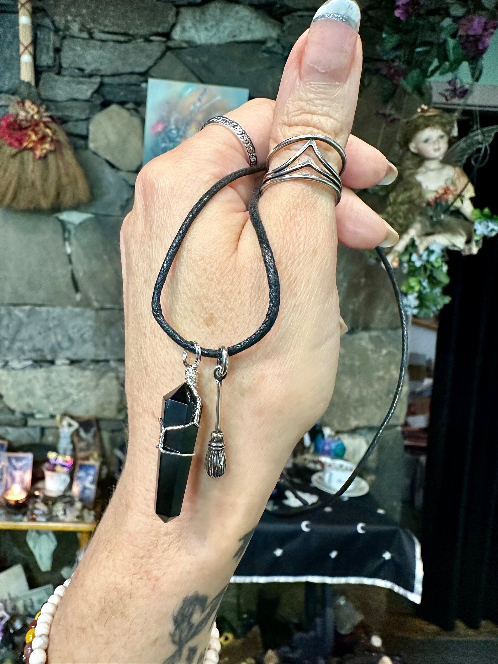 Witches Broom of Protection Amulet Black Obsidian and Sterling Silver ...