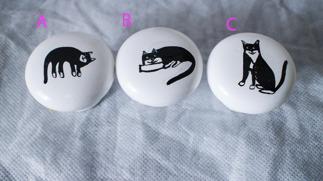 Hand-painted Cat Wooden Knob: Black & White Dresser Drawer Pull - Etsy