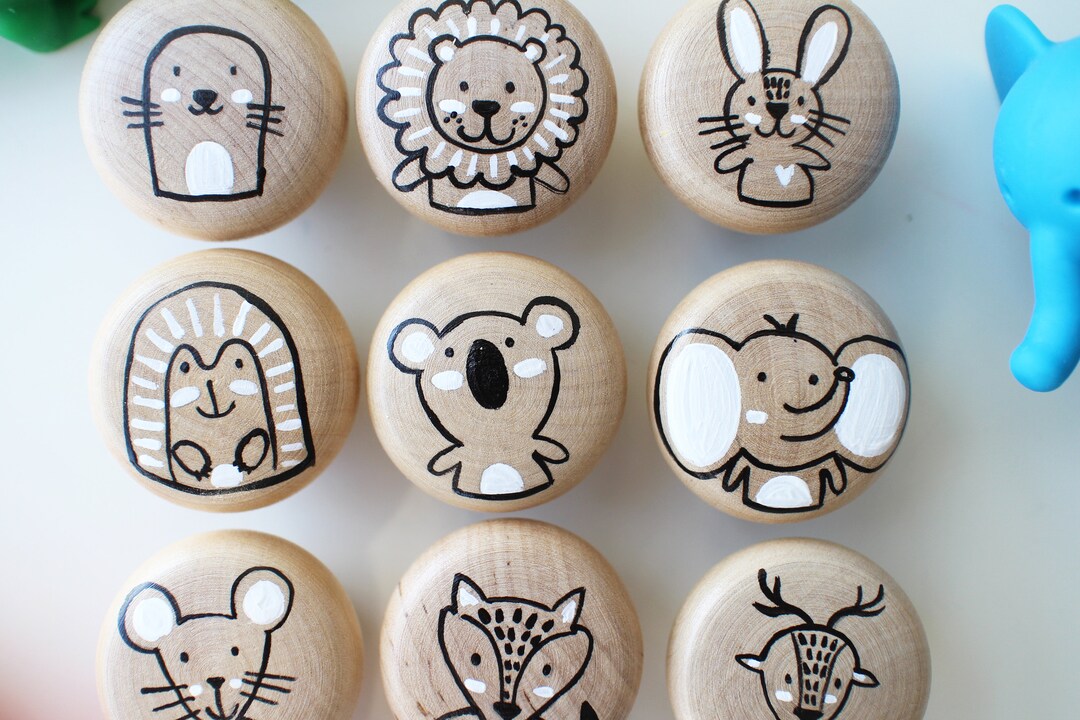 Hand Painted Knobs Animal Drawer Knobs Pulls Wooden Handmade Children's Room Leo Hedgehog Koala ...