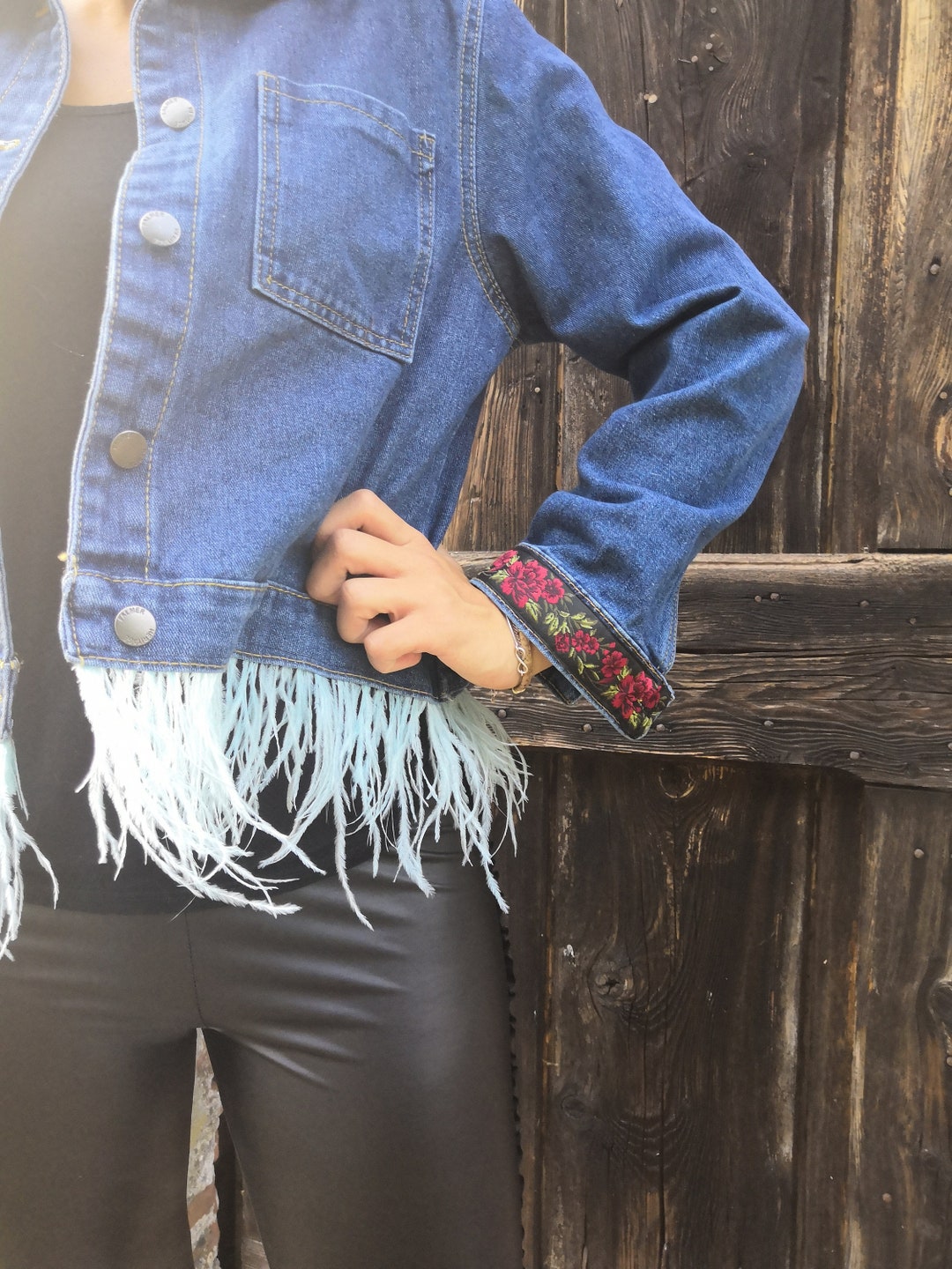 Denim Jacket With Feathers Size 42 Ita - Etsy