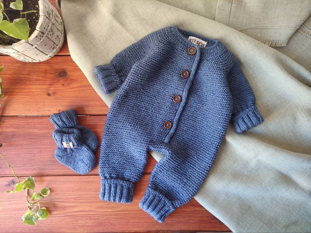 Hand Knit Baby Romper & Socks: Dust Blue Wool Outfit - Etsy