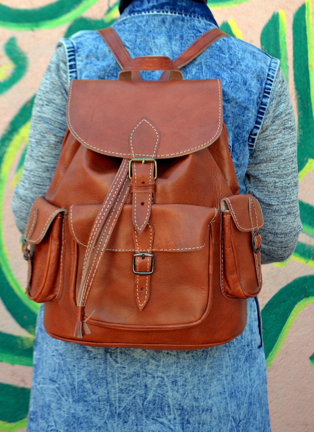 Orange Leather Backpack, Moroccan Leather Backpack, Leather Book Bag ...