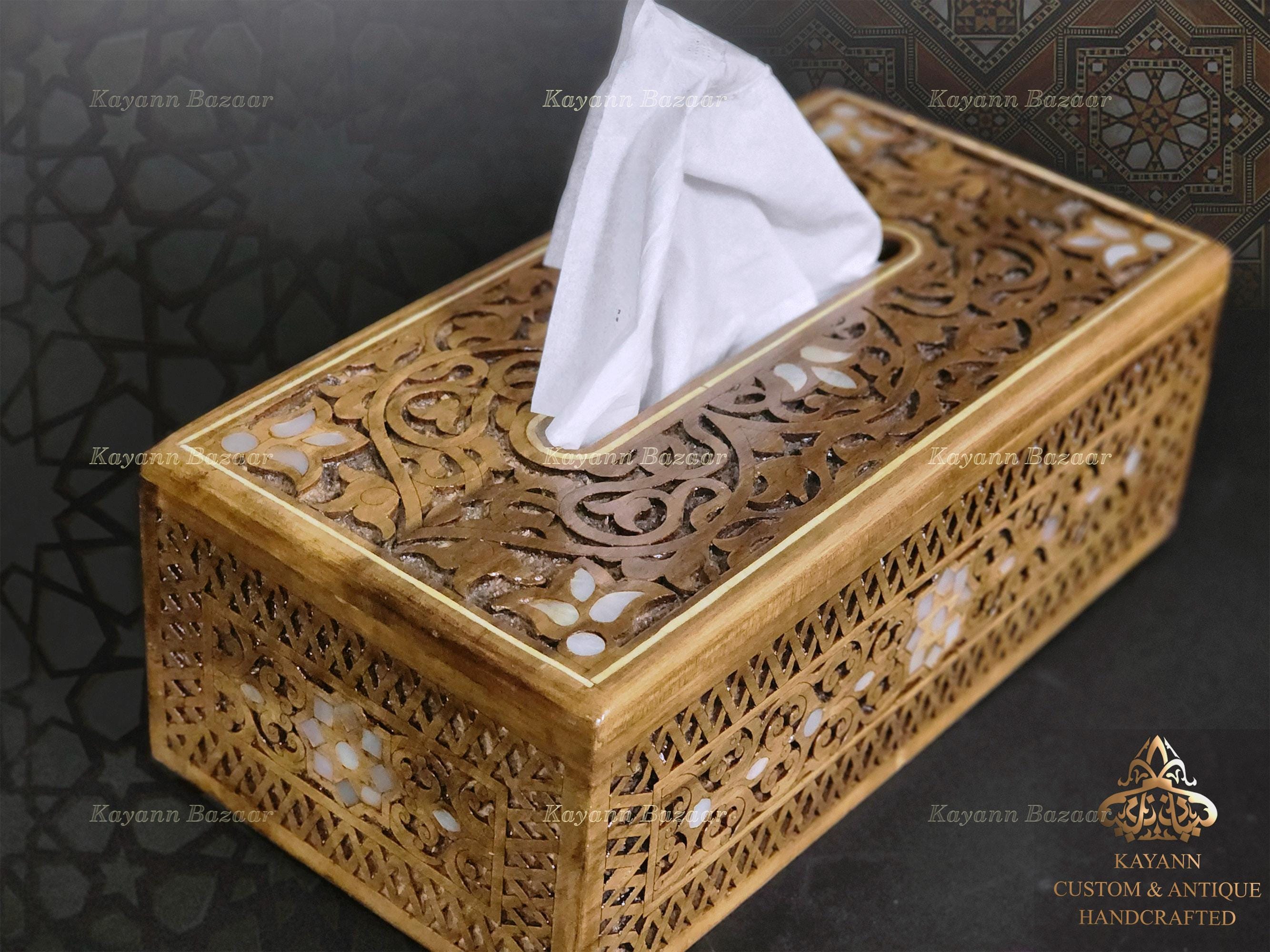 Wooden Tissue Box / Hand Carved Wood Tissues Box Inlaid With Mother of ...
