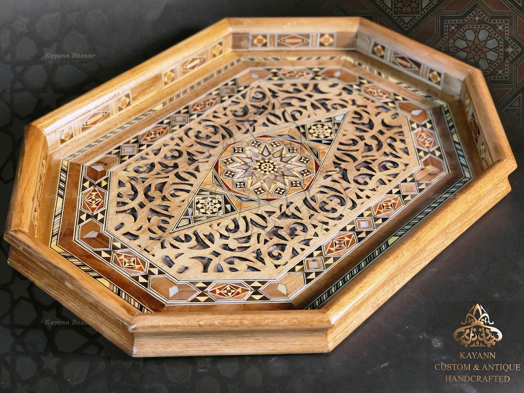 Large Wooden Handmade Tray, Wide Octangle Carved Tray, Geometric ...