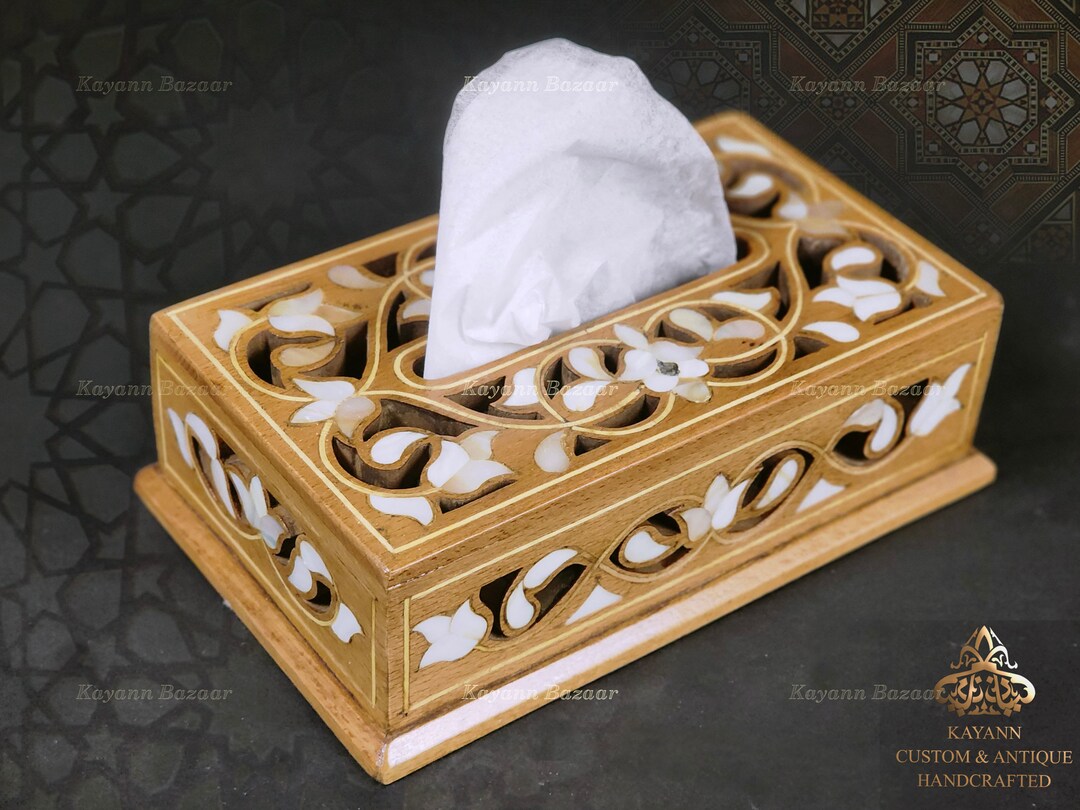 Wooden Tissue Box / Hand Carved Wood Tissues Box Inlaid With Mother of ...