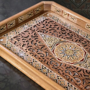Handmade Wooden Tray, Rectangle Carved Tray Inlaid With Pearl ...