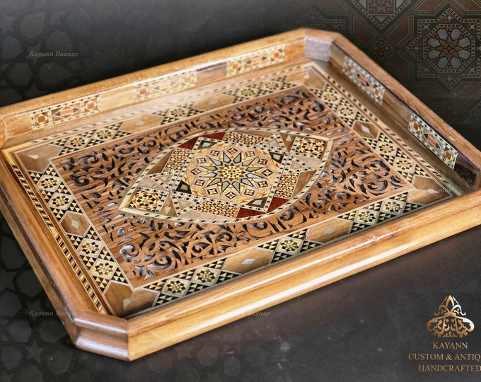 Handmade Wide Wooden Tray, Large Rectangle Carved Tray Inlaid With ...