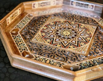 Handmade Wooden Tray, Rectangle Carved Tray Inlaid With Pearl ...