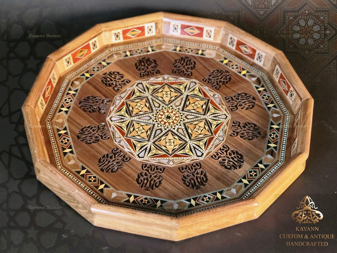 Handmade Wooden Tray, Octagonal Carved Tray Inlaid With Pearl ...