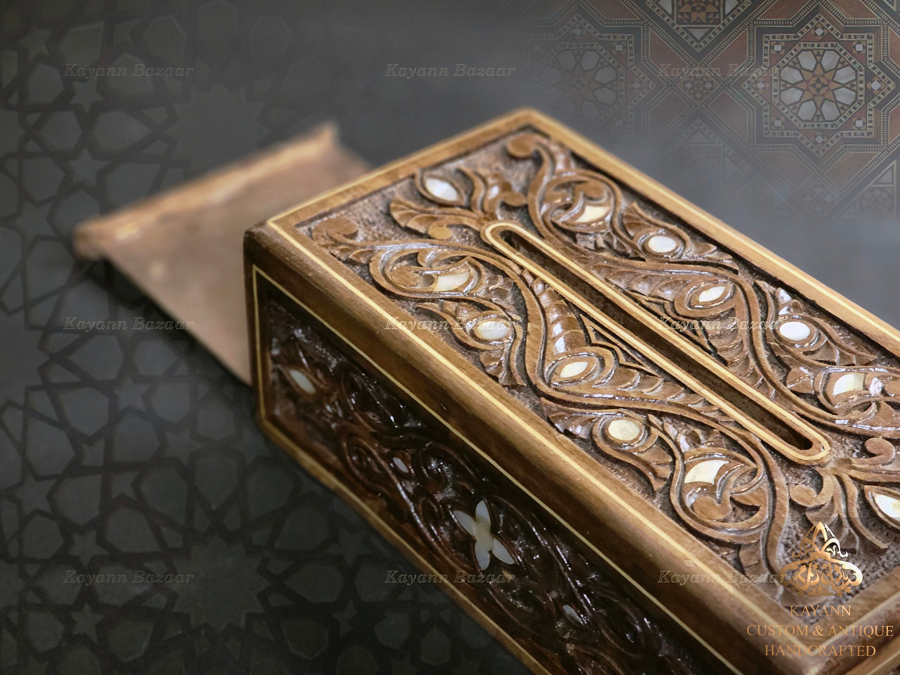 Wooden Tissue Box / Hand Carved Wood Tissues Box Inlaid With Mother of ...