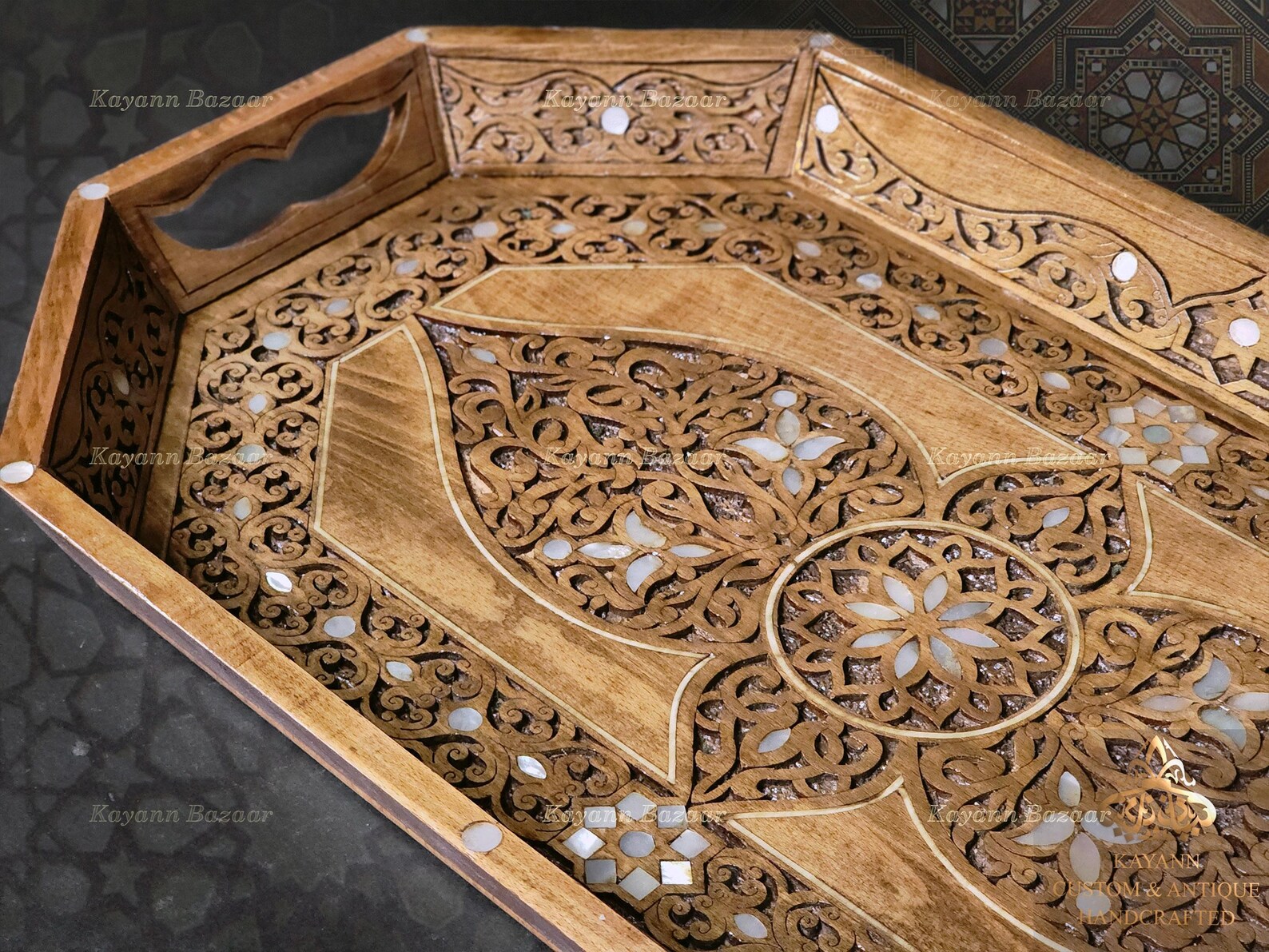 Wooden Hand Carved Tray Inlaid With Pearl, Rectangle Handmade Tray ...