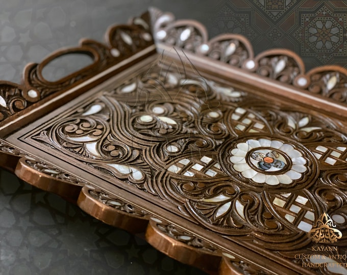 Wooden Hand Carved Tray Inlaid With Pearl, Rectangle Handmade Tray ...