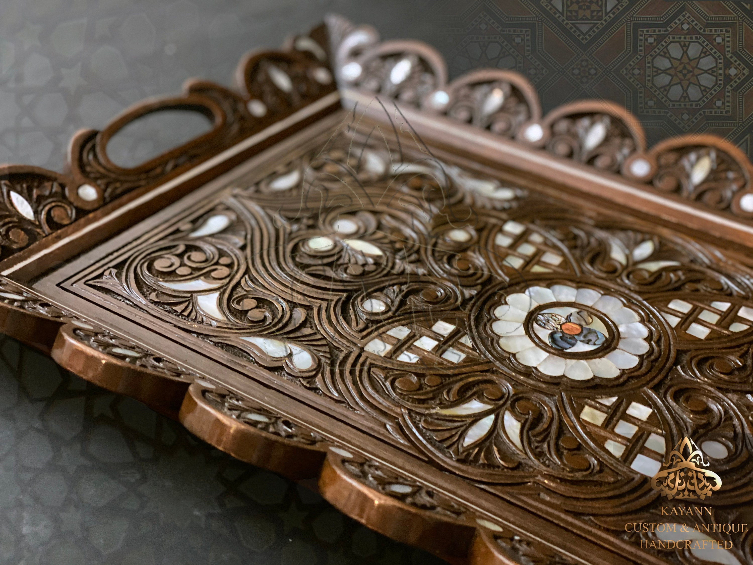 Wooden Hand Carved Tray Inlaid With Pearl Rectangle Handmade - Etsy