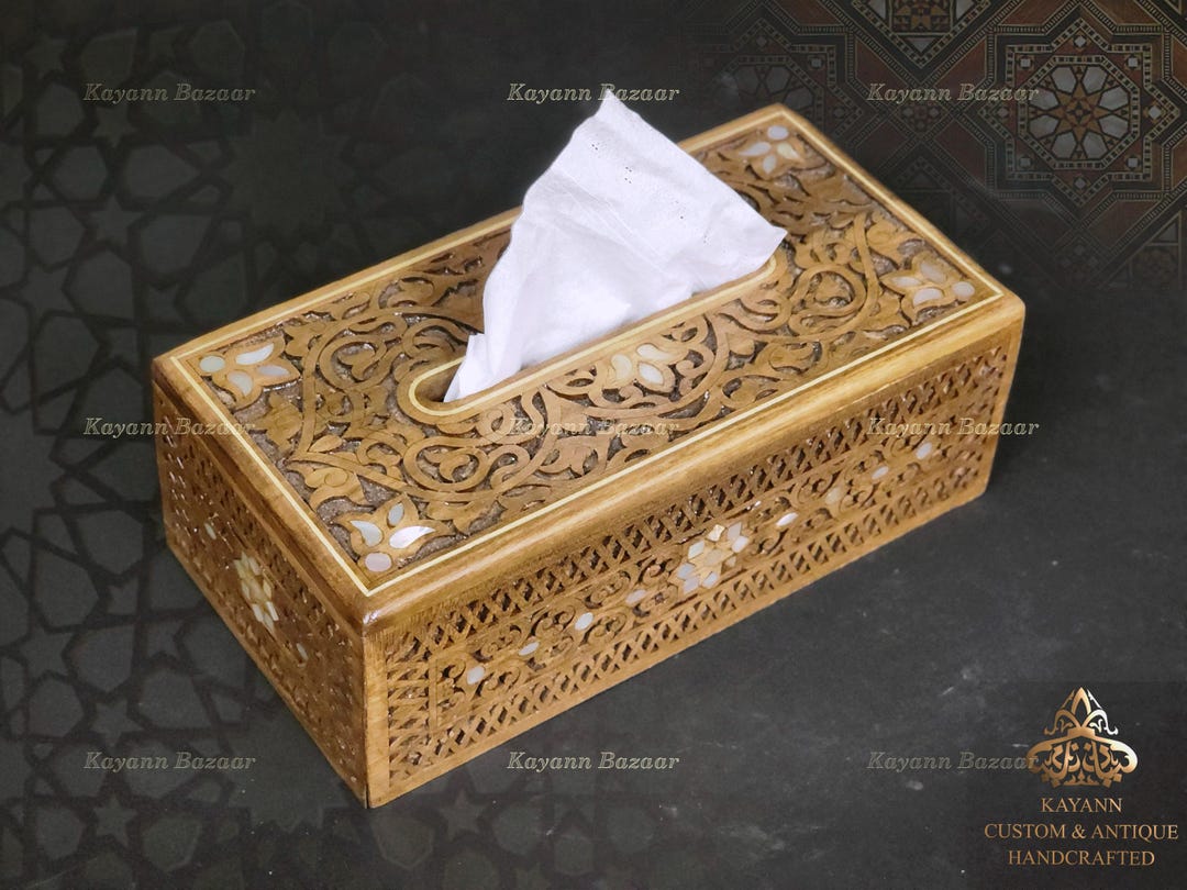 Wooden Tissue Box / Hand Carved Wood Tissues Box Inlaid With Mother of ...