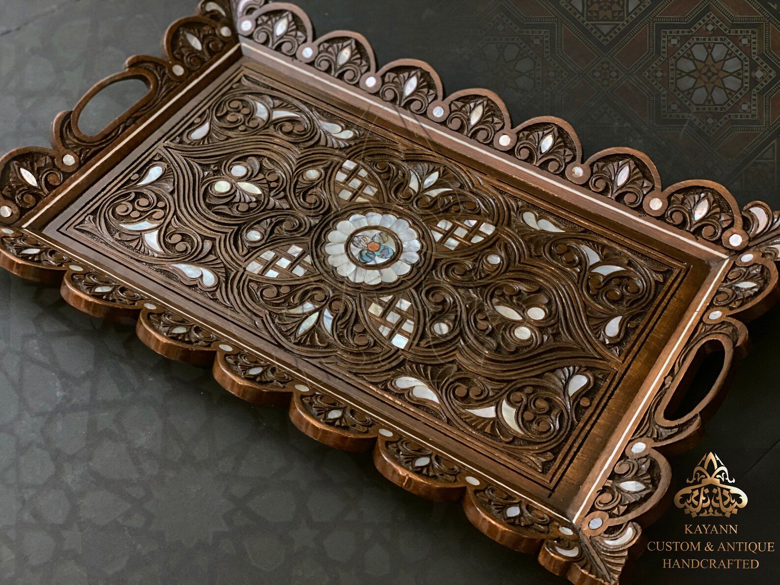 Wooden Hand Carved Tray Inlaid With Pearl Rectangle Handmade - Etsy