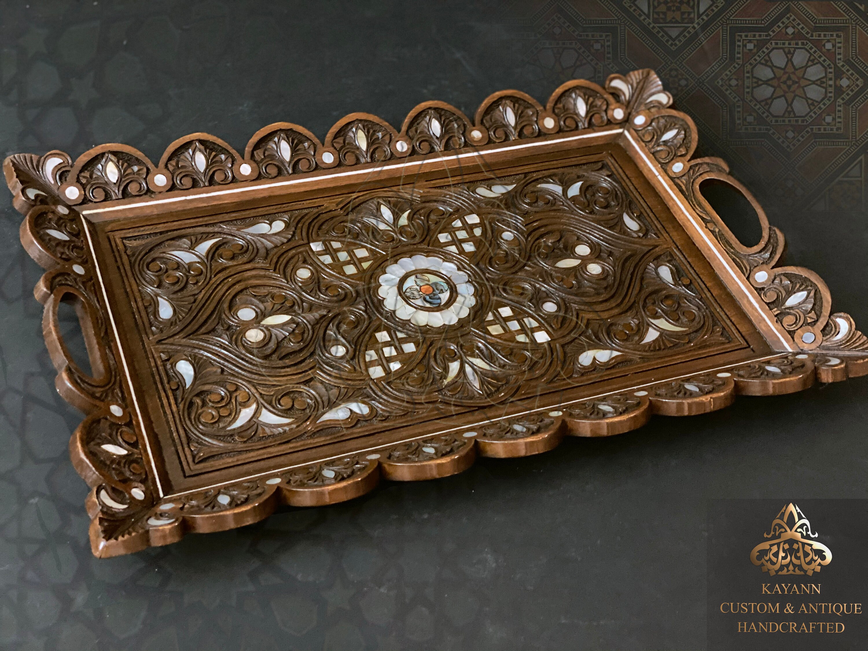 Wooden Hand Carved Tray Inlaid With Pearl Rectangle Handmade - Etsy