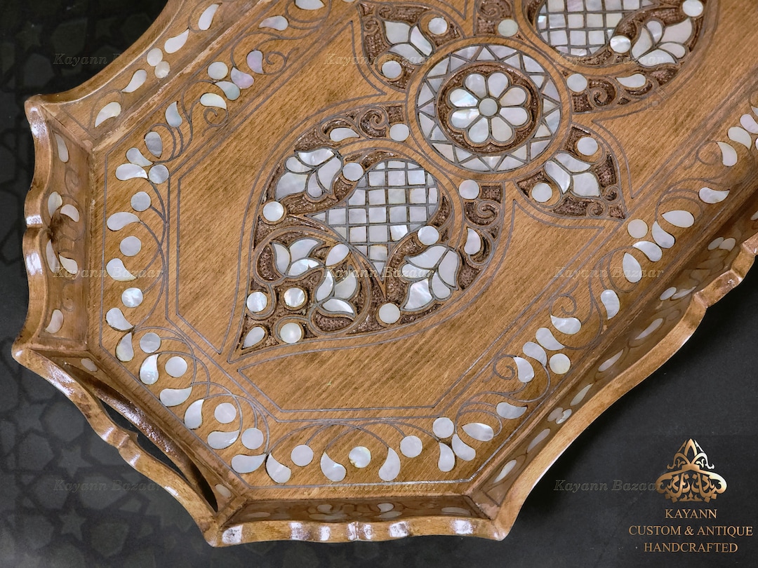 Wooden Hand Carved Tray Inlaid With Pearl, Rectangle Handmade Tray ...