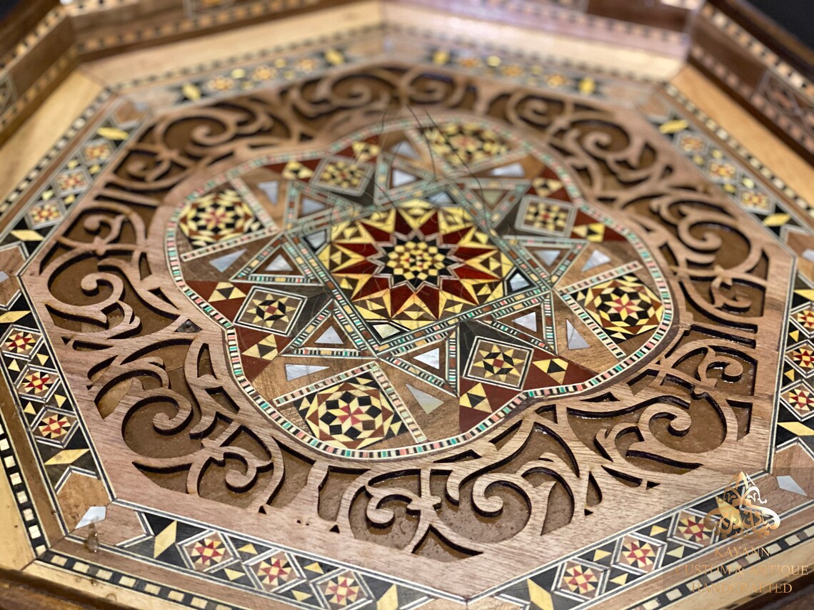 Handmade Wooden Tray Large Octagonal Carved Tray Inlaid With - Etsy