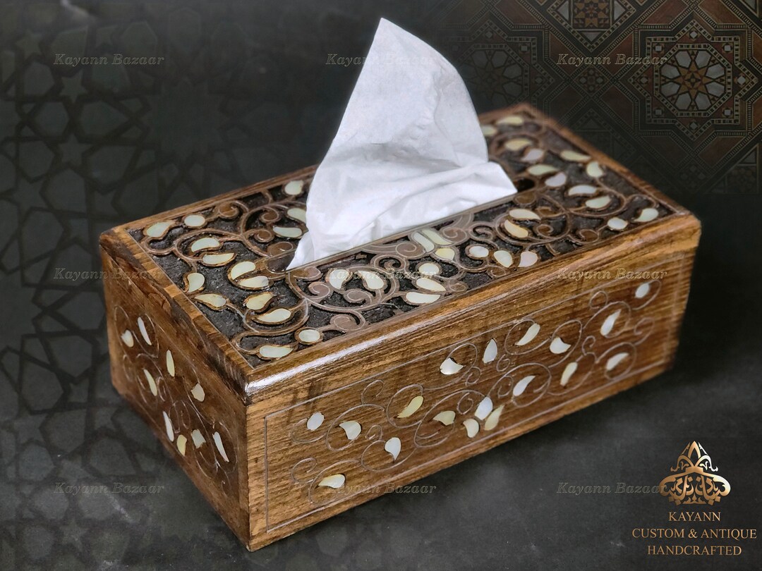 Wooden Tissue Box / Hand Carved Wood Tissues Box Inlaid With Mother of ...