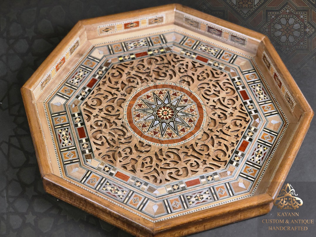 Handmade Wooden Tray, Large Octagonal Carved Tray Inlaid With Pearl ...