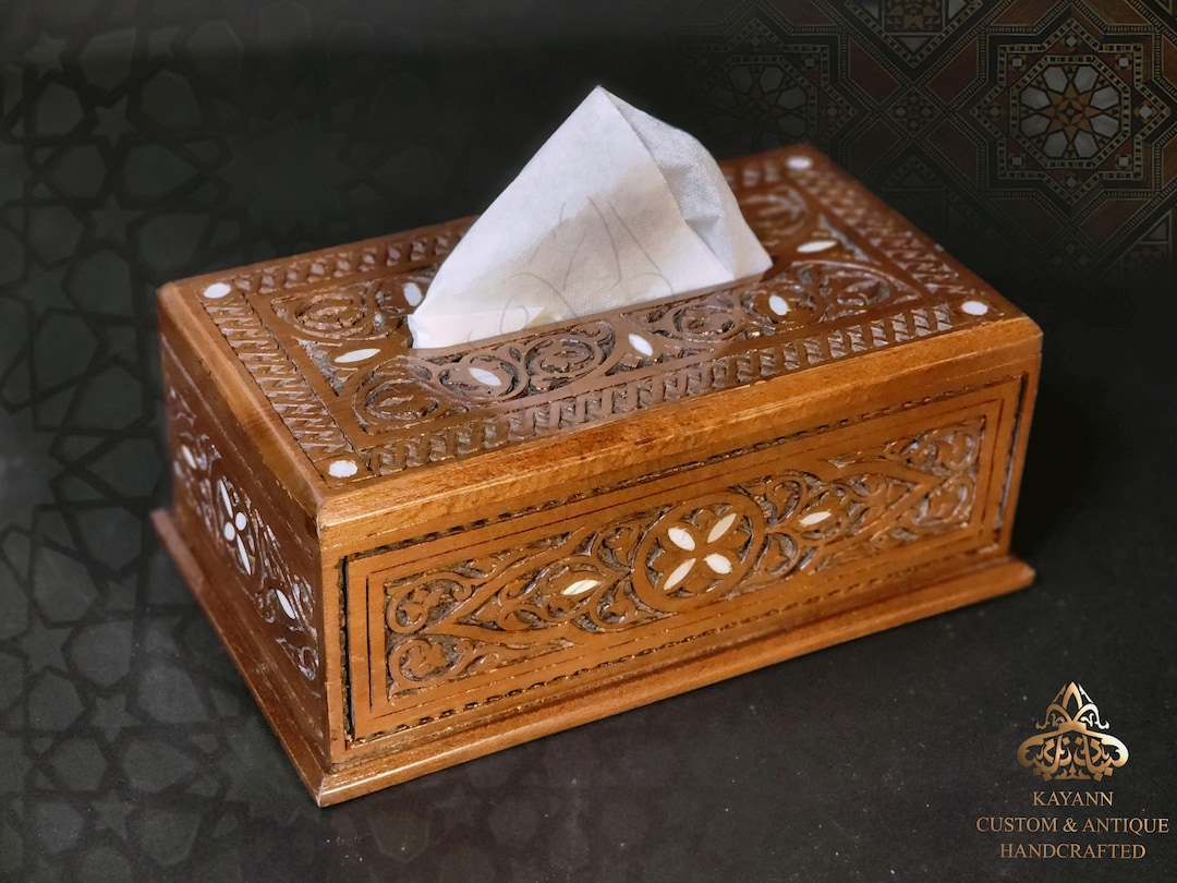 Wooden Tissue Box / Hand Carved Wood Tissues Box Inlaid With Mother of ...