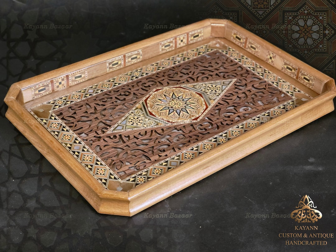 Handmade Wooden Tray, Rectangle Carved Tray Inlaid With Pearl ...