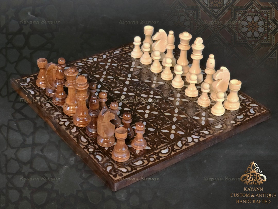 Chess Flat Board / Wooden Chess Set / Hand Carved Chess Wood Inlay With ...
