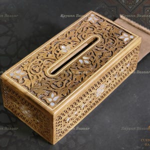 Wooden Tissue Box / Hand Carved Wood Tissues Box Inlaid With Mother of ...