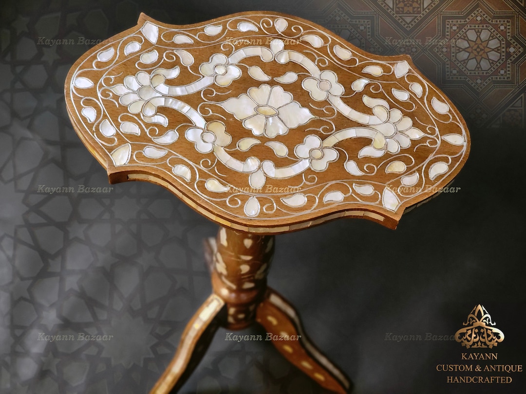 Exquisite Side Table, Hand Carved End Table Inlaid With Mother of Pearl ...
