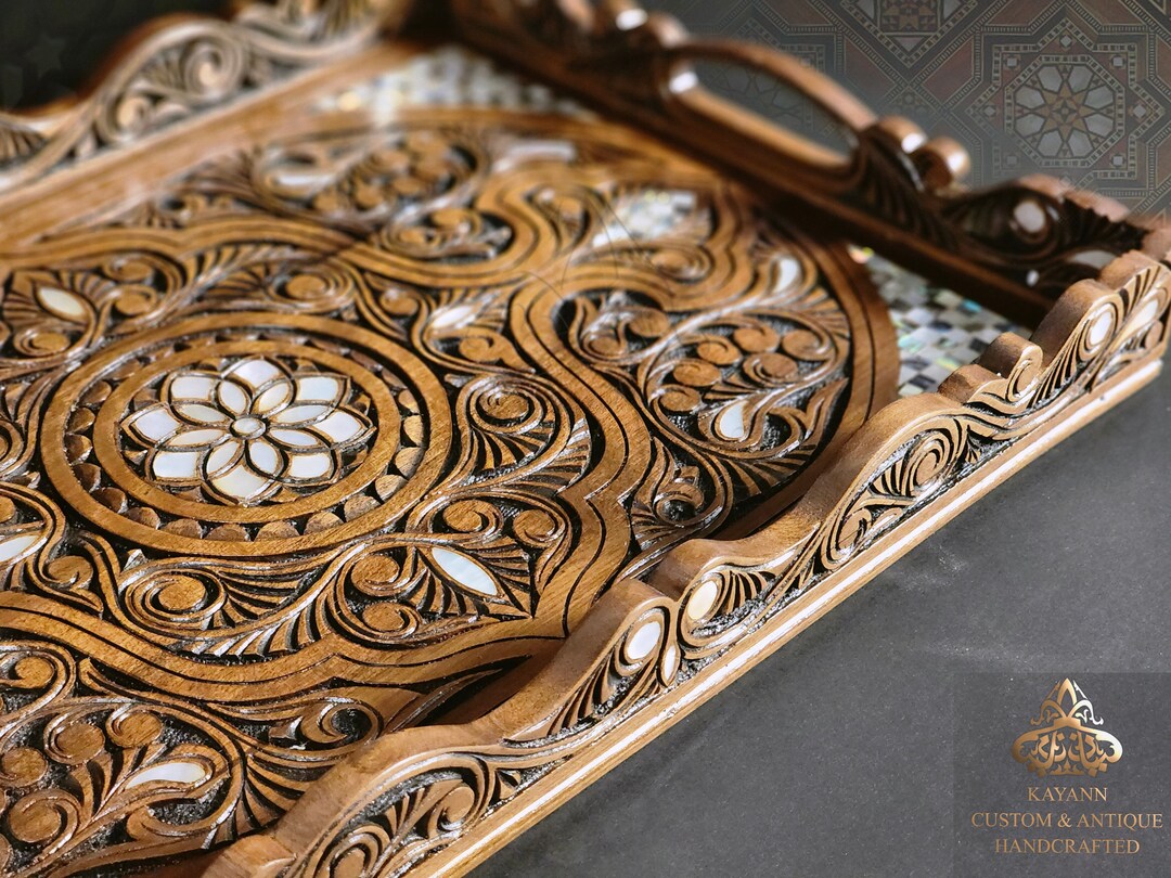 Wooden Hand Carved Tray Inlaid With Pearl, Rectangle Handmade Tray ...