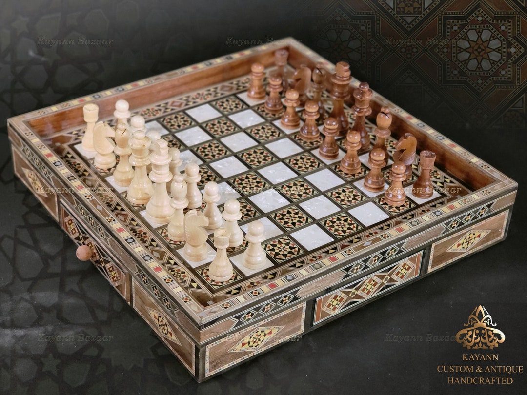 Luxury Wooden Chess Board With Drawer / Chess Set Handmade Mosaic Inlay ...