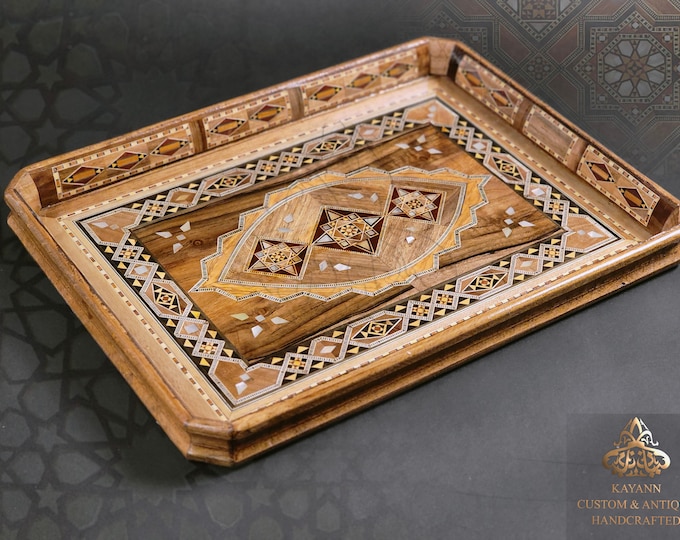 Handmade Wooden Tray, Rectangle Carved Tray Inlaid With Pearl ...