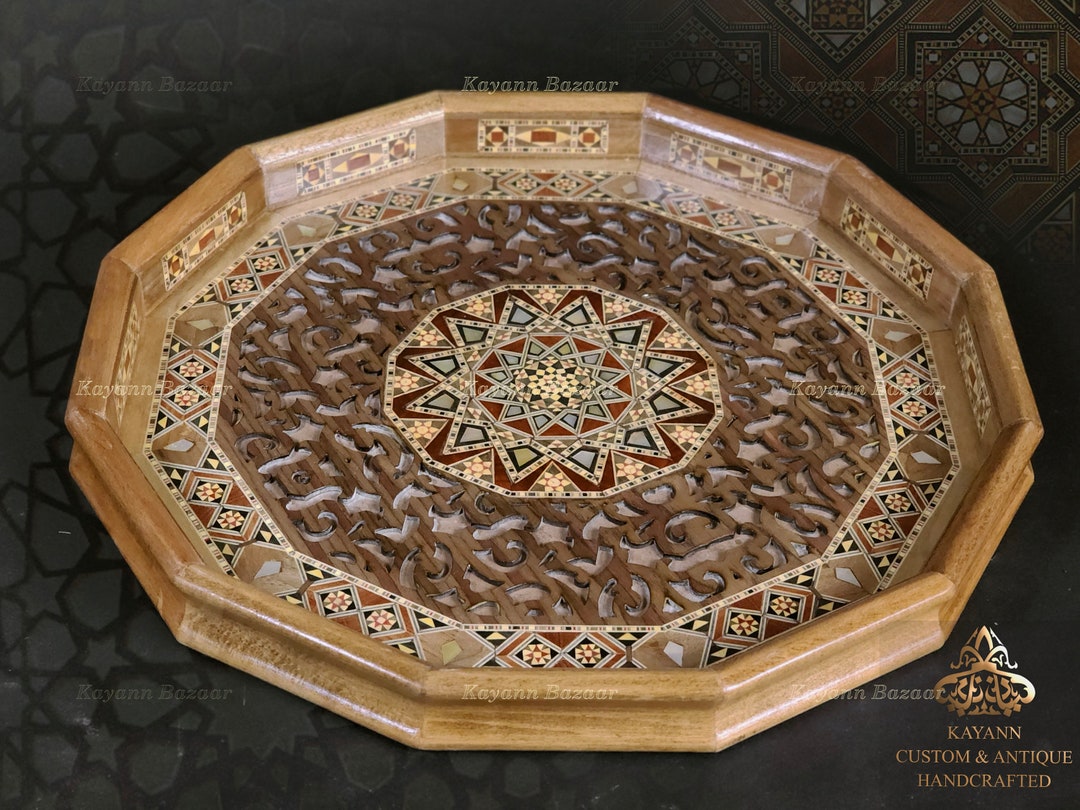 Handmade Wooden Tray, Large Octagonal Carved Tray Inlaid With Pearl ...