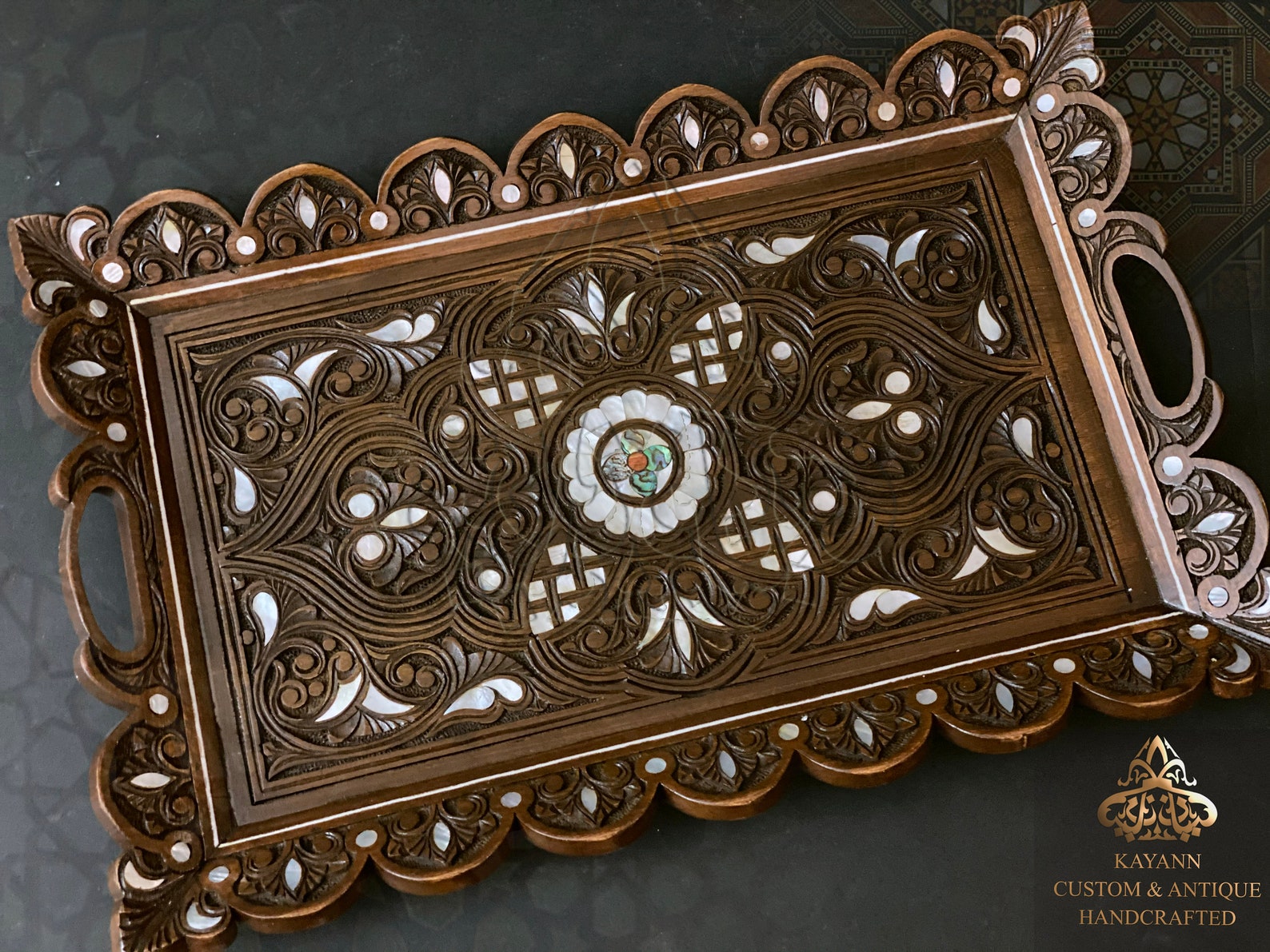 Wooden Hand Carved Tray Inlaid With Pearl Rectangle Handmade - Etsy