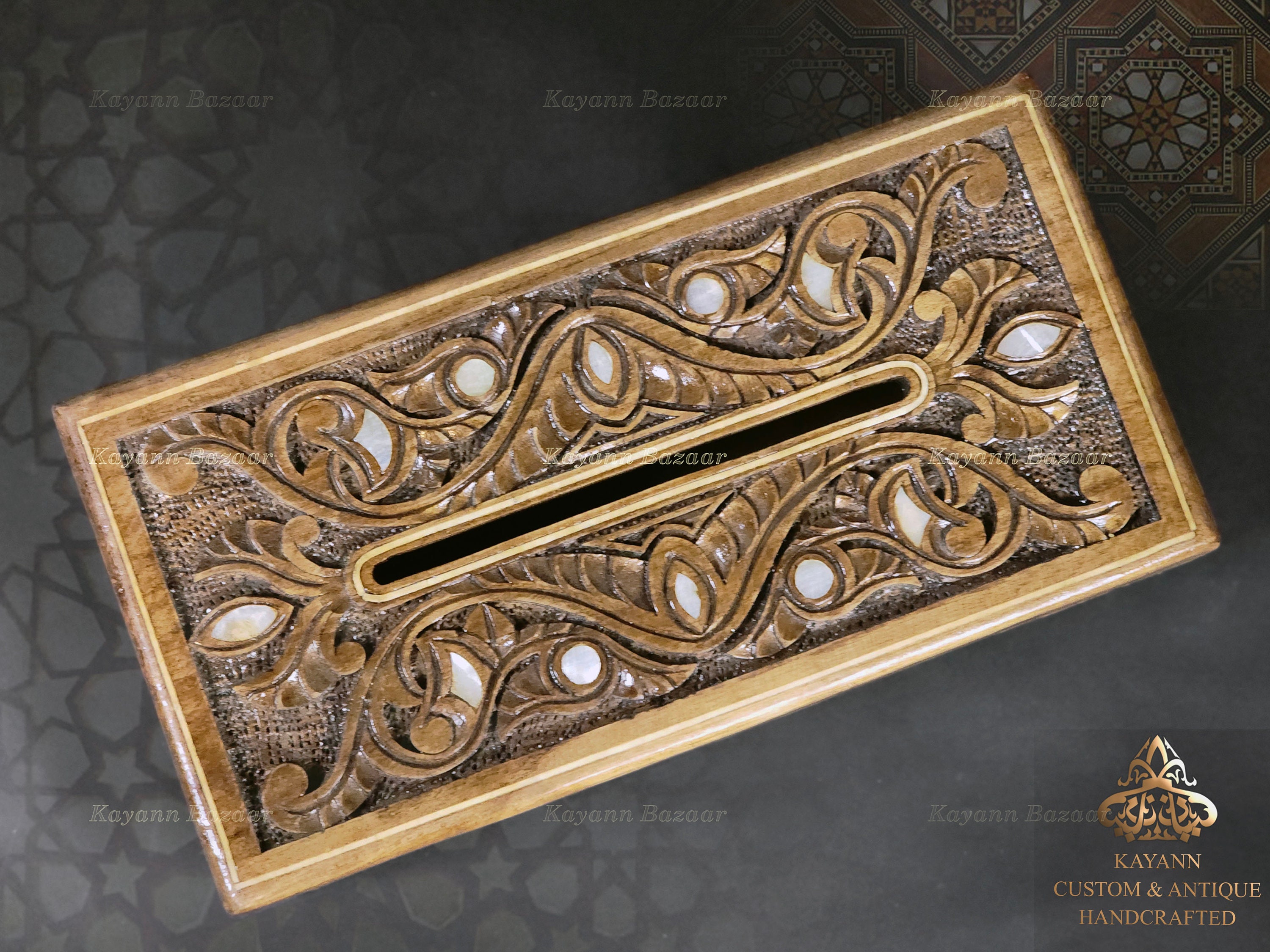 Wooden Tissue Box / Hand Carved Wood Tissues Box Inlaid With Mother of ...