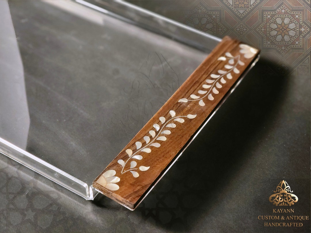 Handmade Acrylic Tray, Rectangular Tray With Wooden Handles Inlaid With Pearl, Plexiglass Tray ...