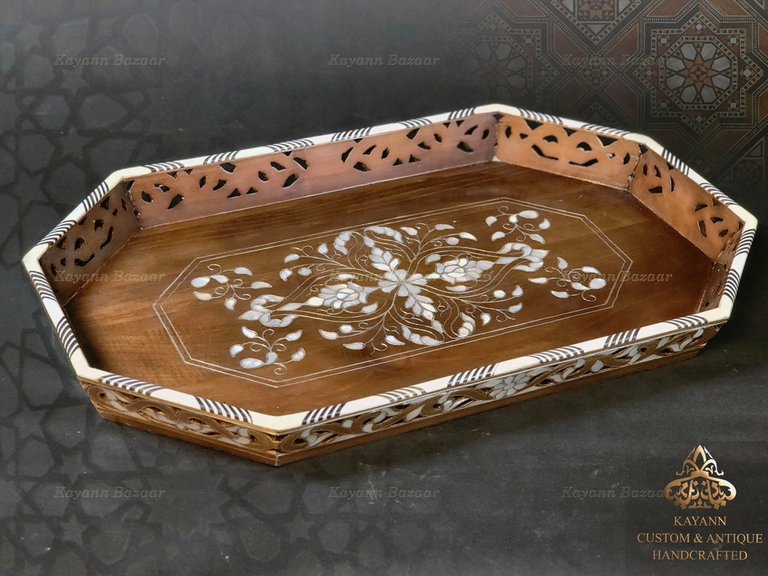 Wooden Hand Carved Tray Inlaid With Pearl, Rectangle Handmade Tray ...