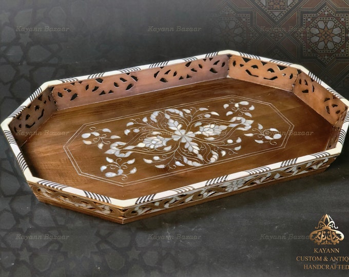 Wooden Hand Carved Tray Inlaid With Pearl, Rectangle Handmade Tray ...