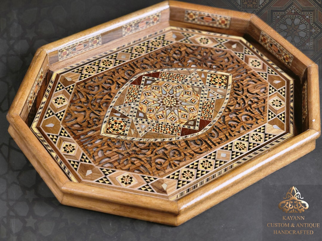 Handmade Wide Wooden Tray, Rectangle Carved Big Tray Inlaid With Pearl ...