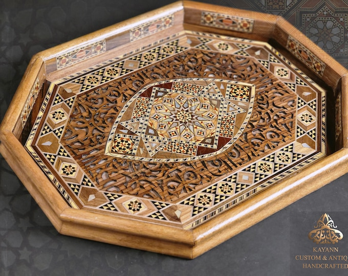 Handmade Wooden Tray, Large Octagonal Carved Tray Inlaid With Pearl ...