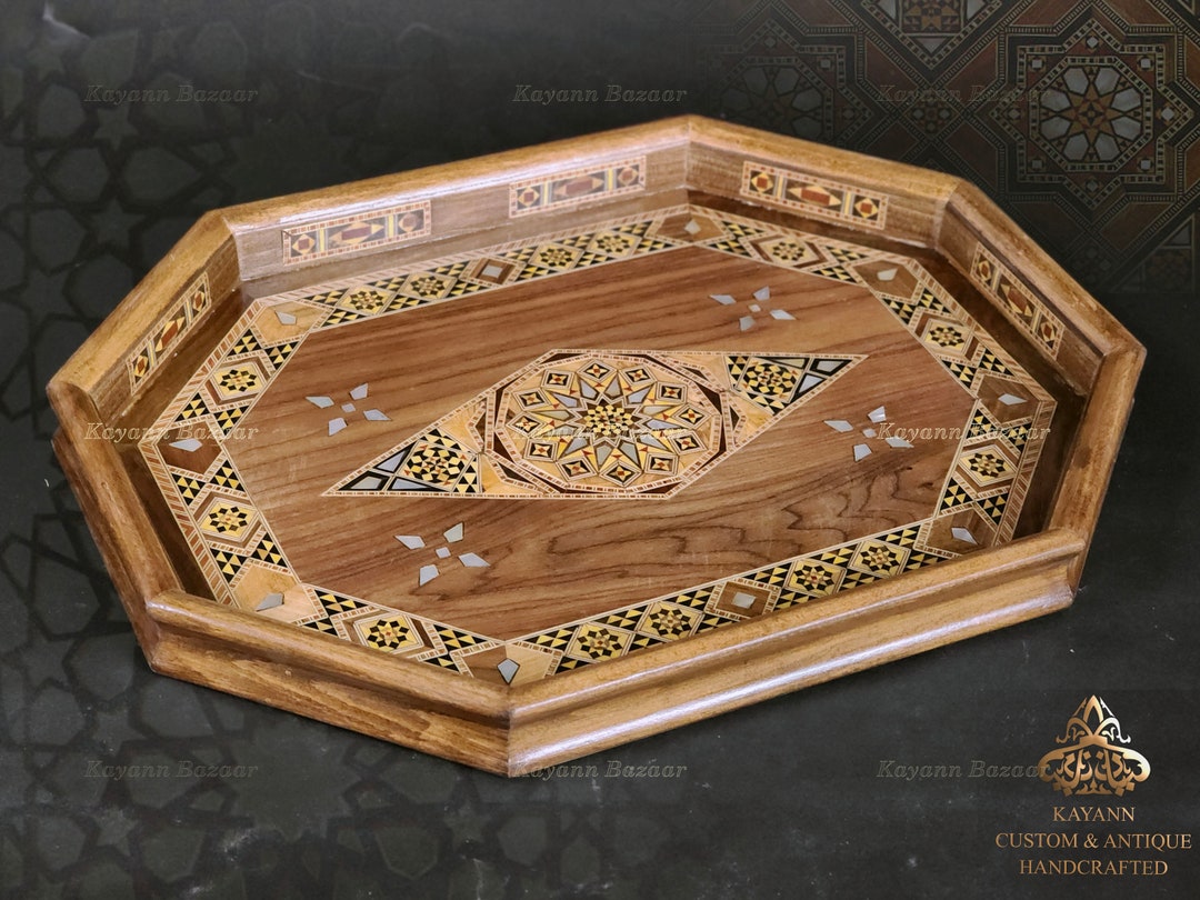 Wooden Handmade Tray, Octangle Carved Tray, Geometric Marquetry Tray ...