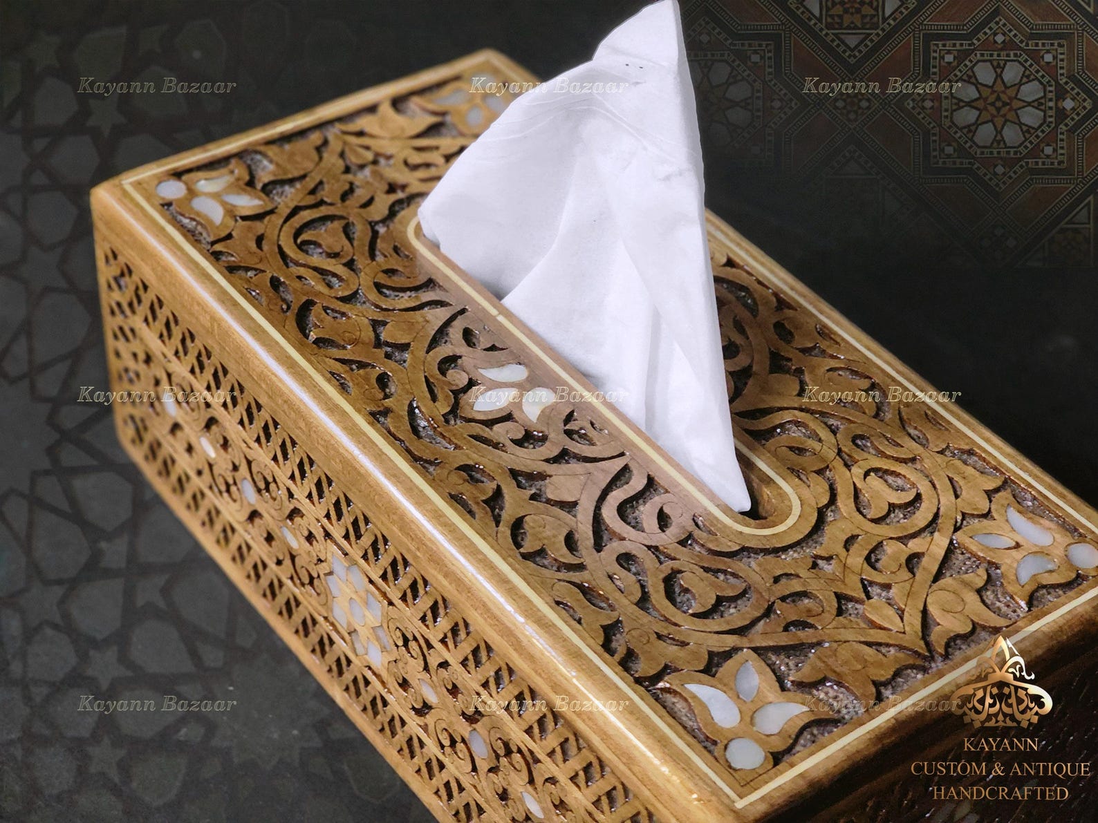 Wooden Tissue Box / Hand Carved Wood Tissues Box Inlaid With Mother of ...