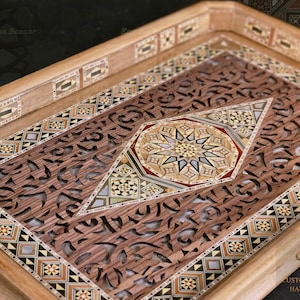 Handmade Wooden Tray, Rectangle Carved Tray Inlaid With Pearl ...