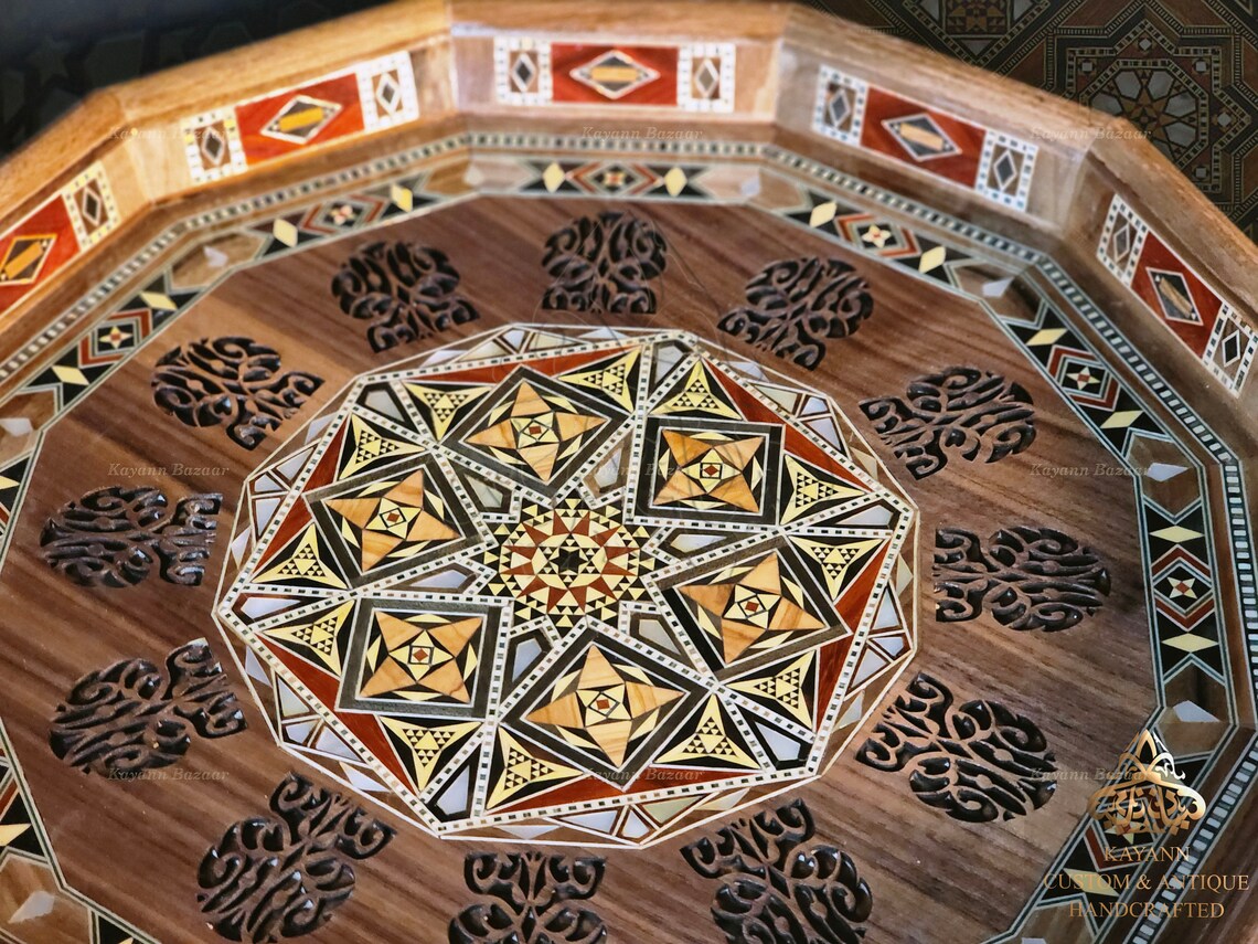 Handmade Wooden Tray, Octagonal Carved Tray Inlaid With Pearl ...