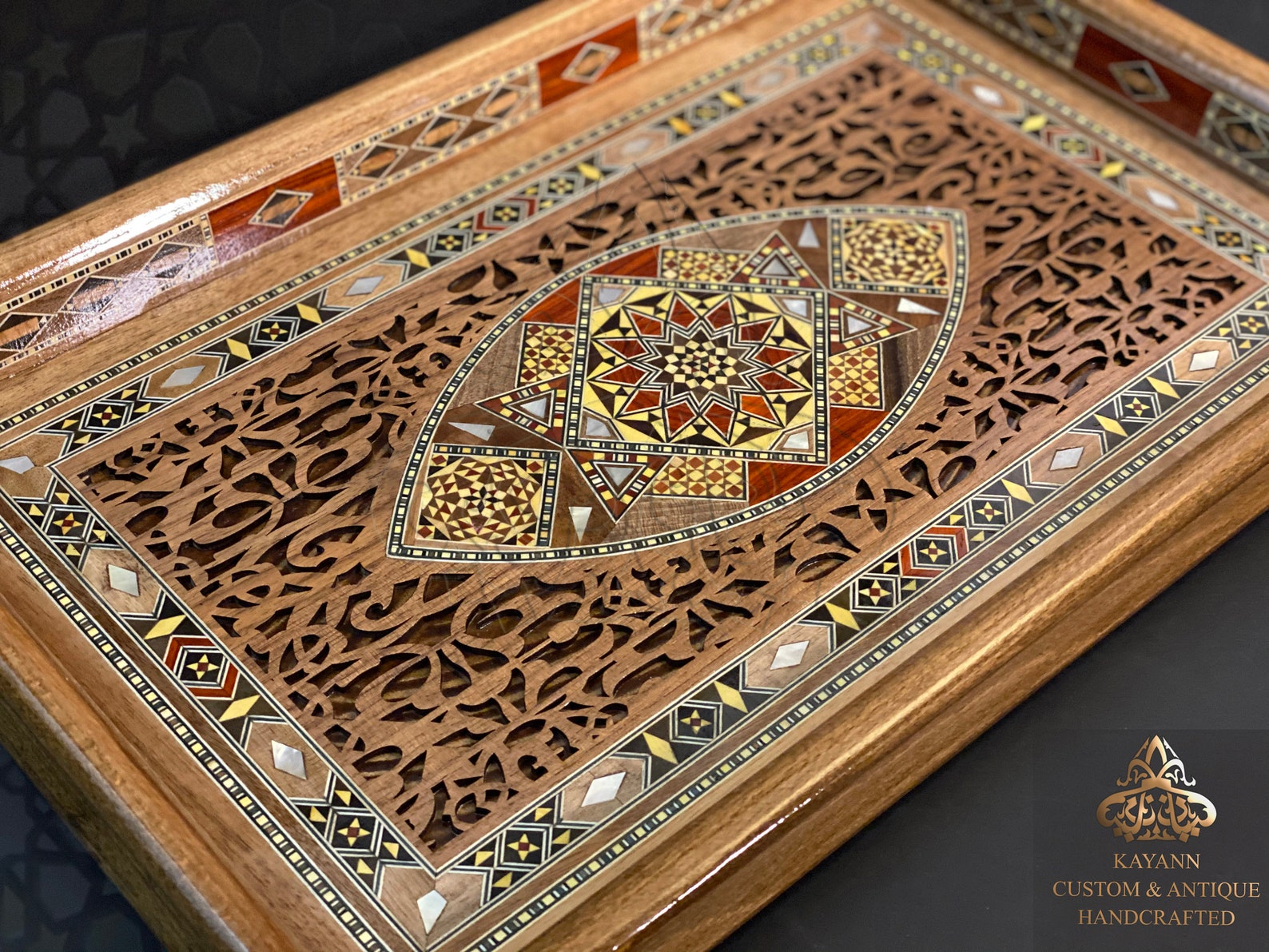 Handmade Wooden Tray Rectangle Carved Tray Inlaid With Pearl - Etsy