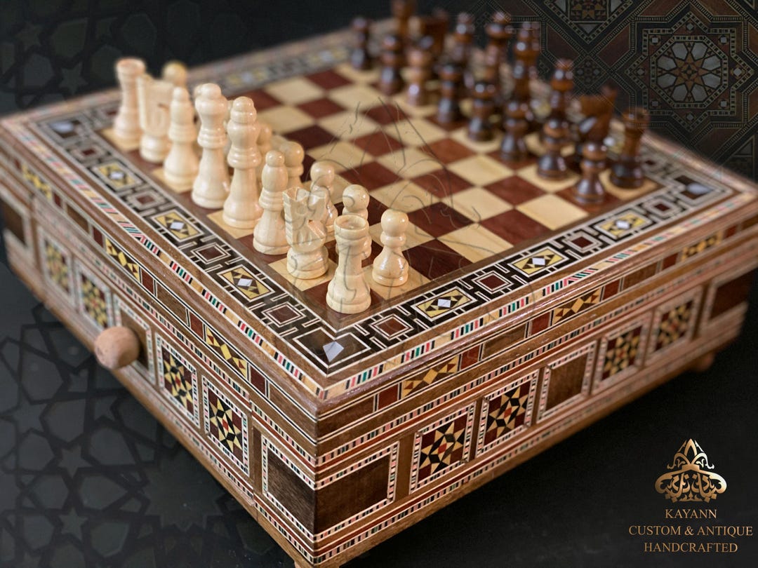 Luxury MINI Wooden Chess Board With Drawer / Chess Set Handmade Mosaic ...