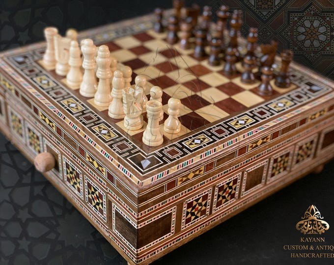 Luxury MINI Wooden Chess Board With Drawer / Chess Set Handmade Mosaic ...