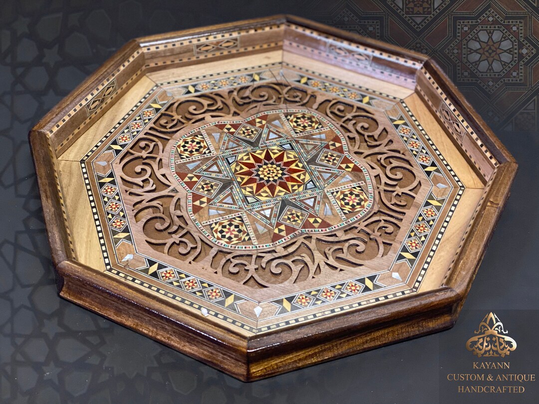 Handmade Wooden Tray, Large Octagonal Carved Tray Inlaid With Pearl, Geometric Marquetry Tray ...