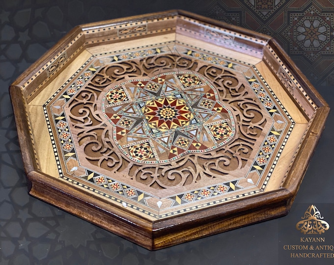 Handmade Wooden Tray, Large Octagonal Carved Tray Inlaid With Pearl ...